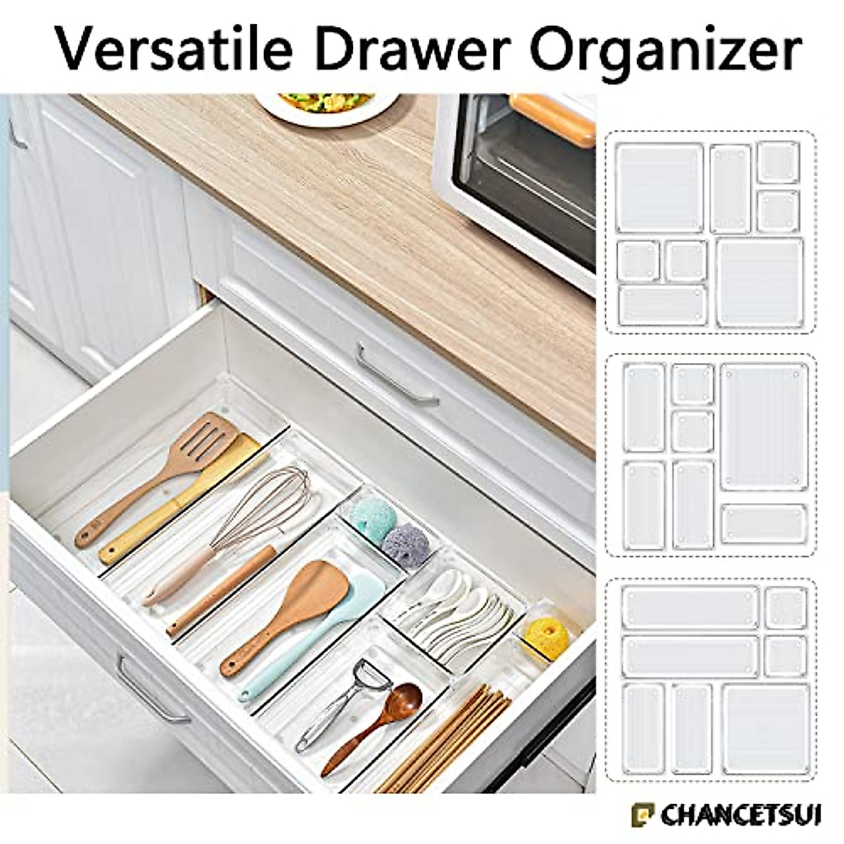 10 Pcs Clear Plastic Drawer Organizers Trays with Non-Slip Silicone Pads, Desk Versatile Kitchen Drawer Organizer Bins Tray for Makeup Bedroom Office, Bathroom Countertop Organizer for Cosmetics