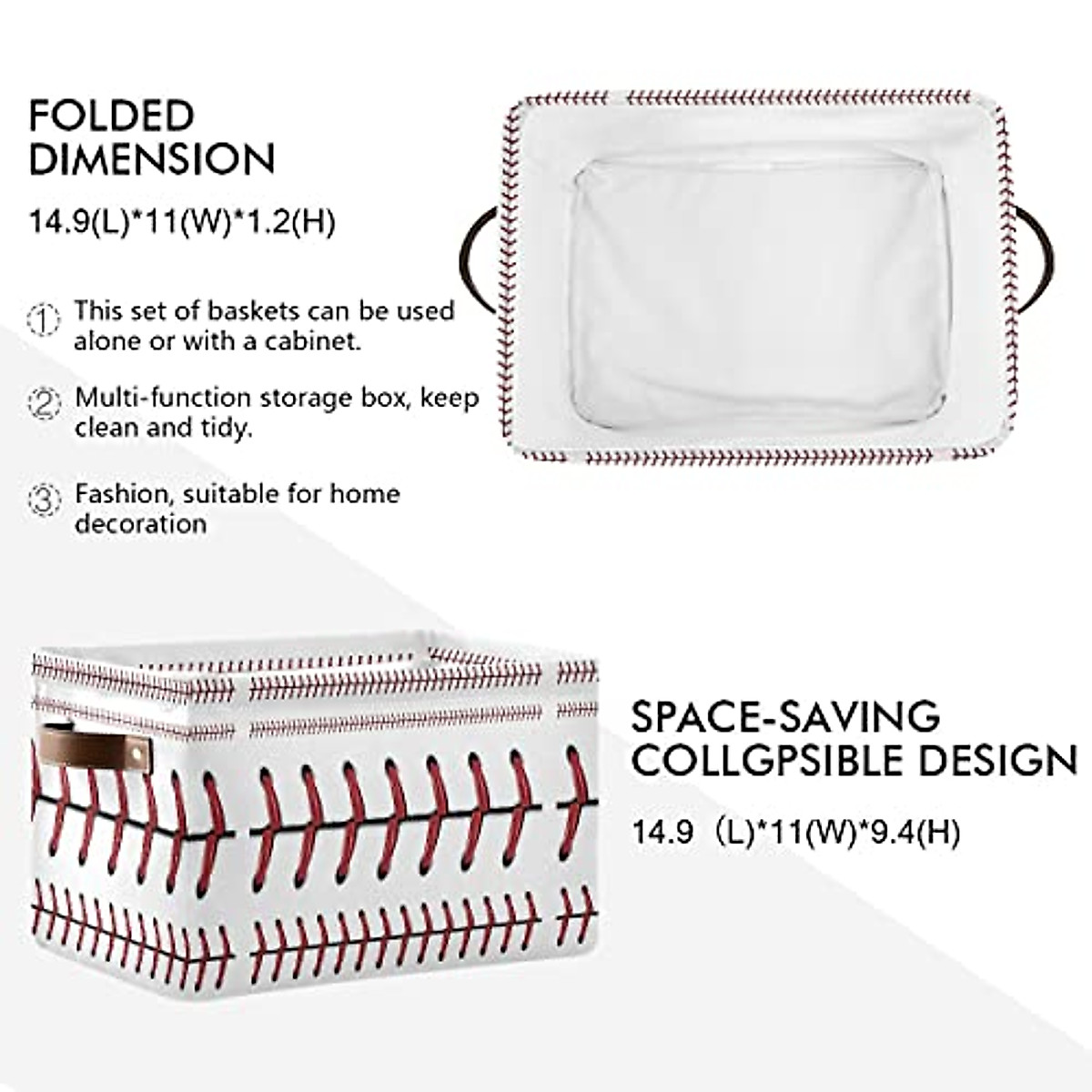 xigua Baseball Storage Basket Collapsible Toy Storage Bins Waterproof Canvas Storage Basket with Leather Handles for Home Closets Offices,Bedrooms,Kids Toy and Gift Baskets,1PCS