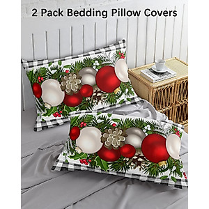 Hokiten Standard Size Pillow Cases Set of 2 - Christmas Balls, Microfiber Soft Pillowcases with Envelop Closure, Black White Buffalo Pine Cones Berries Lumbar Pillow Cover for Sofa/Couch, 20x26 Inches