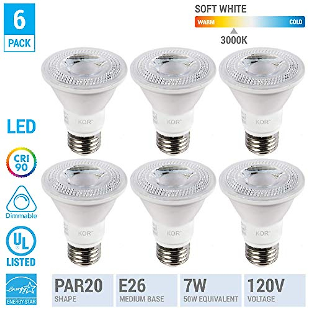 KOR (Pack of 6) LED PAR20 Light Bulbs, 8W (Replaces 50W 50PAR20), 3000K Soft White, E26 Base, Dimmable, Waterproof Indoor/Outdoor Use, UL & Energy Star