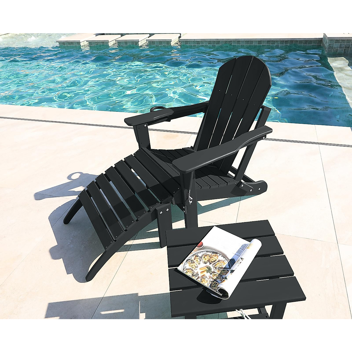 ABCPATIO Folding Adirondack Chair with Footrest - Outdoor Weather Resistant Plastic Adirondack Chairs with Detachable Ottoman, Stackable Seating with Cup Holder for Patio (Seat Width 20", Black)