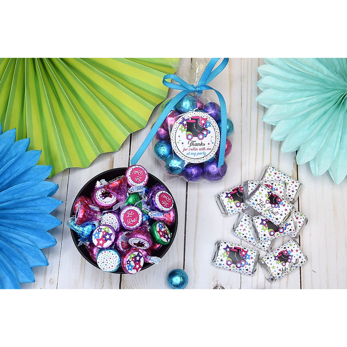 Let's Roll Star Roller Skating Birthday Party Sticker Bundle Kit - 429 Pieces!!! Includes 60 2" Circle Stickers for Favors & Bags, 45 Mini Candy Wrappers, & 324 Round Kiss Stickers by Amanda Creation