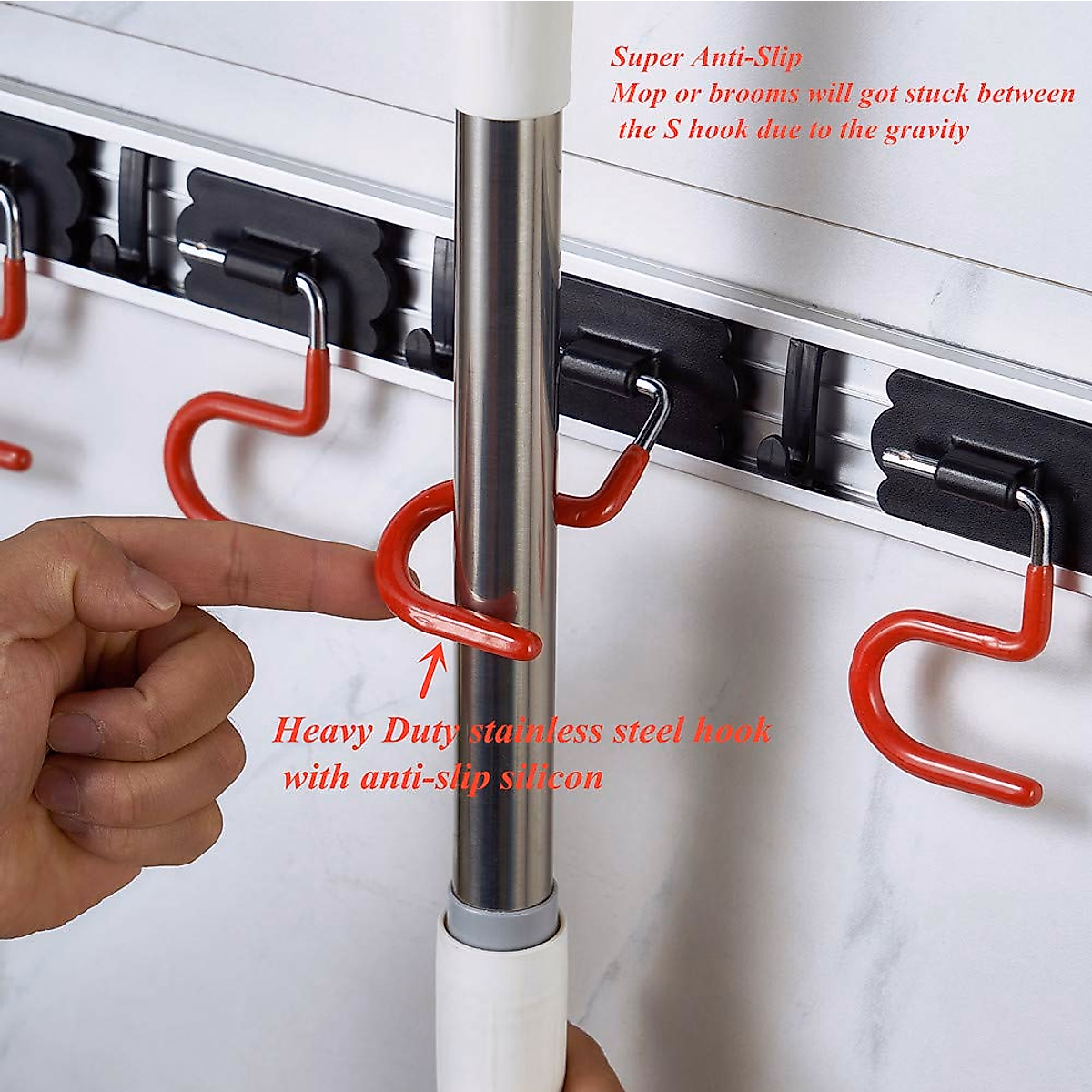 QBOSO Wall Mounted Mop and Broom Holder Stainless Steel S Type Broom Rack Anti-Slip Mop Organizer (17 Inches ,4 Positions 3 Hooks , Red black)