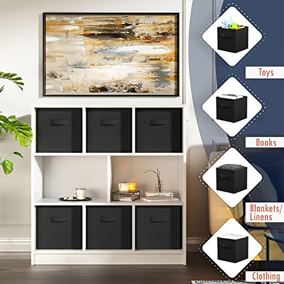 Ornavo Home Foldable Collapsible Storage Box Bins Shelf Basket Cube Organizer with Dual Handles - Set of 6-13 x 13 x 13 - Black