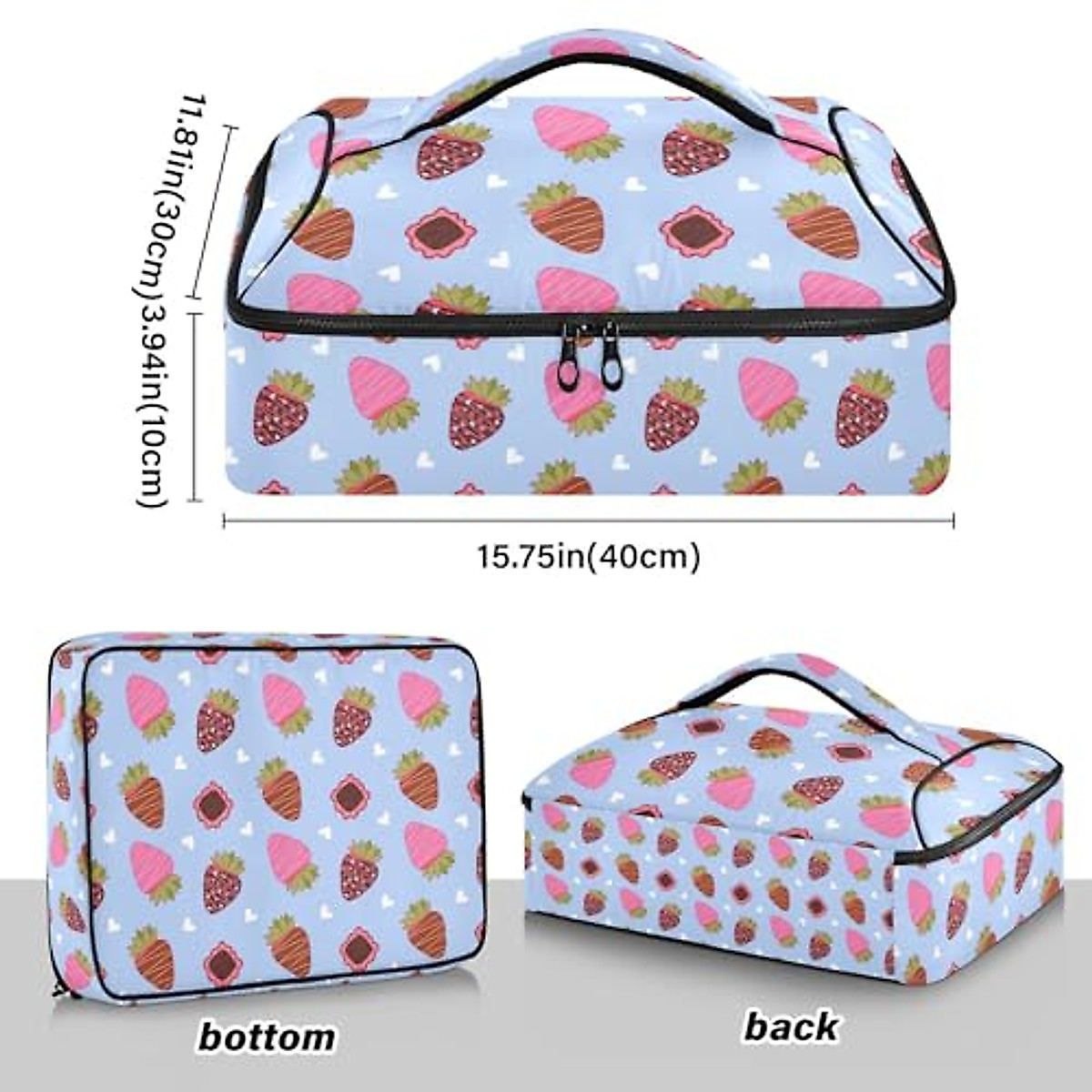 Kcldeci Insulated Thermal Food Carrier Insulated Casserole Carrier for Hot or Cold Food,Valentine's Day Hearts Strawberries Insulated Tote Bag for Potluck Cookouts Parties Picnic,Lasagna Lugger