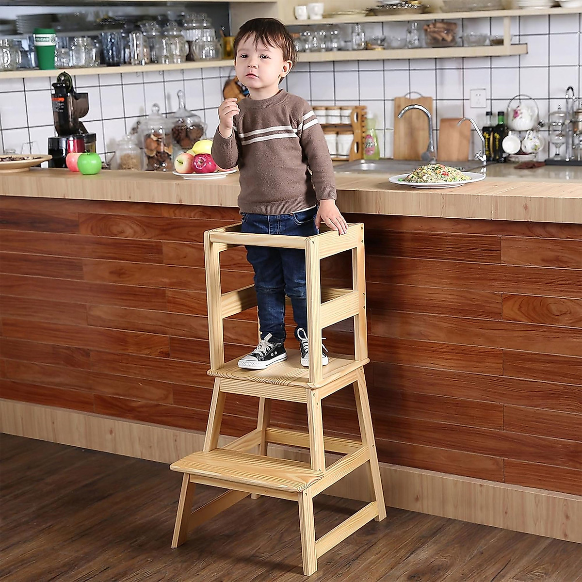 SDADI Kids Kitchen Step Stool with Safety Rail - for Toddlers 18 Months and Older, Natural LT01N