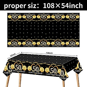 Eiurteao 3 Pack 50th Anniversary Tablecloth Decorations, Black Gold Happy 50th Wedding Anniversary Table Cover Party Supplies, Fifty Years Anniversary Plastic Disposable Rectangular Table Cloth Decor