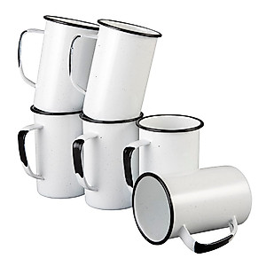 Cinsa 6-Piece 20 oz enameled steel mug set (Speckled White) Indoor/Outdoor use, reusable, oven and fire-safe
