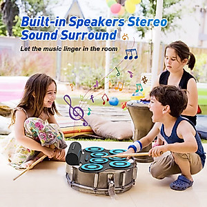 KONIX Electronic Drum Pad for Kids - 7 Pads Roll Up Electric Drum Kit Rechargeable - Digital Drum Sets with Headphone Jack, Speaker, Pedals, Demo Songs, MP3 USB Port, Sticks - Blue