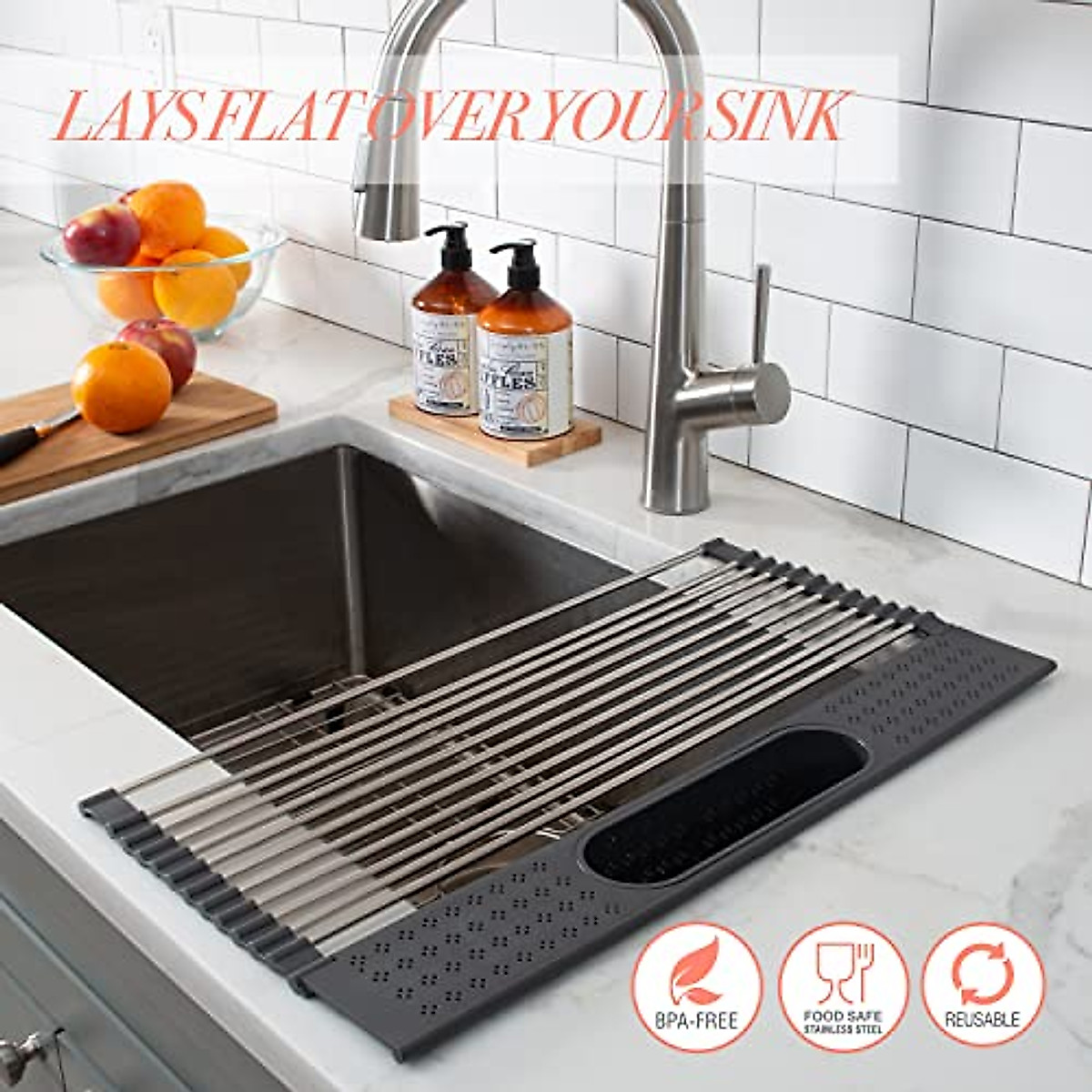 Kitchen Details Over The Sink Drying Rack with Utensil Holder | Roll Up for Storage | Stainless Steel | Drain Tray | BPA Free | Food Safe | Space Saving | Grey