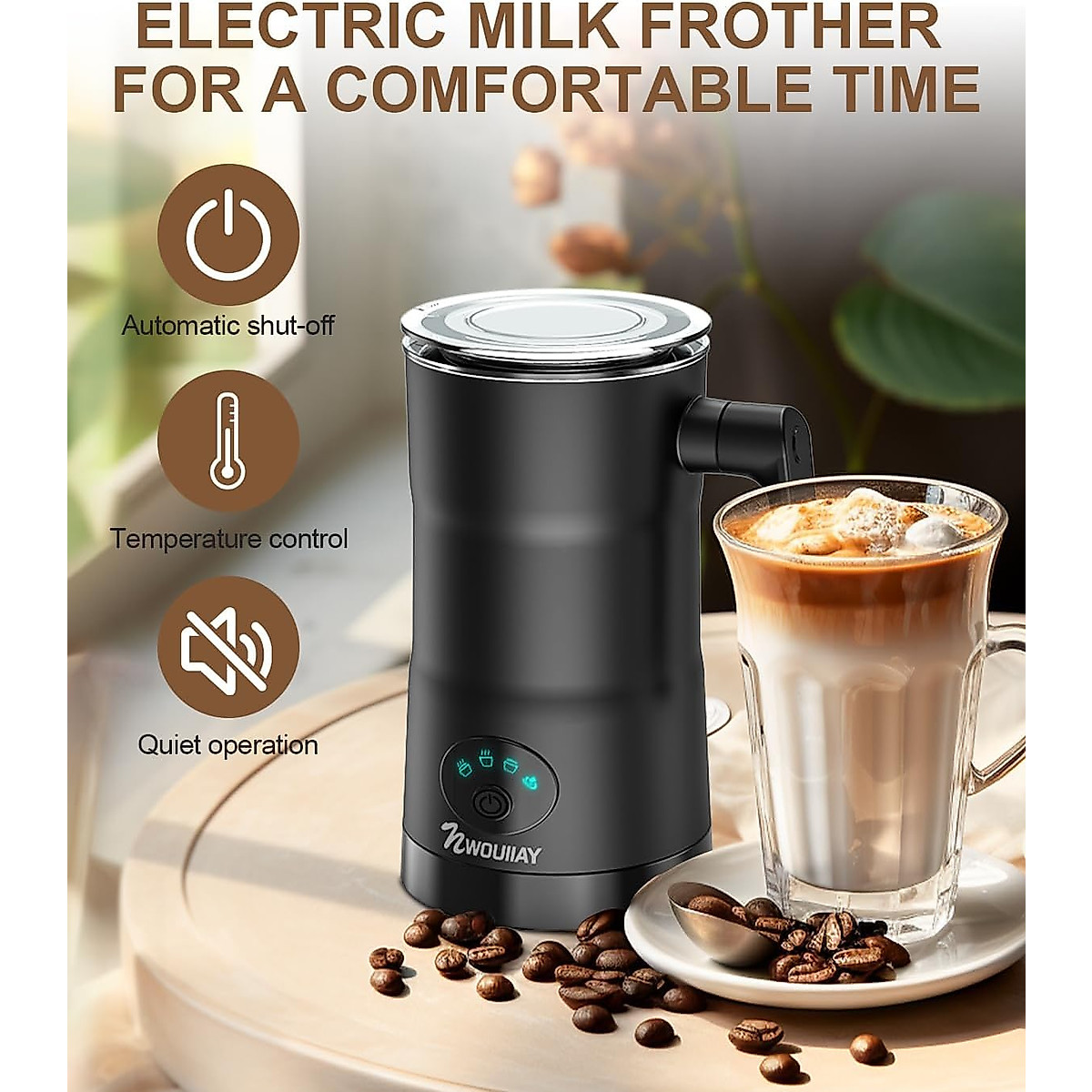 NWOUIIAY 4 in 1 Milk Frother Electric and Steamer 11.8oz/350ml Hot/Cold Foam Maker Intelligent Temperature Control Electric Milk Warmer for Latte/Coffee/Hot Chocolate/Cappuccino