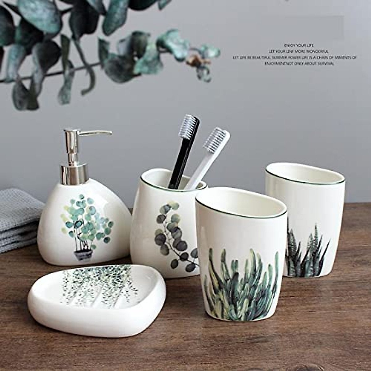 Marble Bathroom Accessories Set - 4 Piece Ceramic Bath Accessory Complete Set Luxury Bath Accessory with Soap Dispenser, Toothbrush Holder, Tumbler, Soap Dish (Green Leaf 2（4Pcs）)
