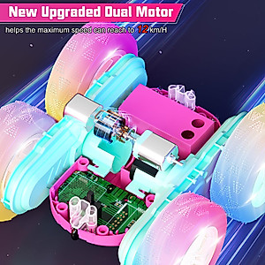 28℃ Remote Control Car for Boys, Drift High Speed RC Cars, 4WD 2.4Ghz Rechargeable RC Truck with Double Sided 360 Flips and Headlights Wheel Lights, Off-Road Stunt Toy Car for Kids Boy Girls Pink