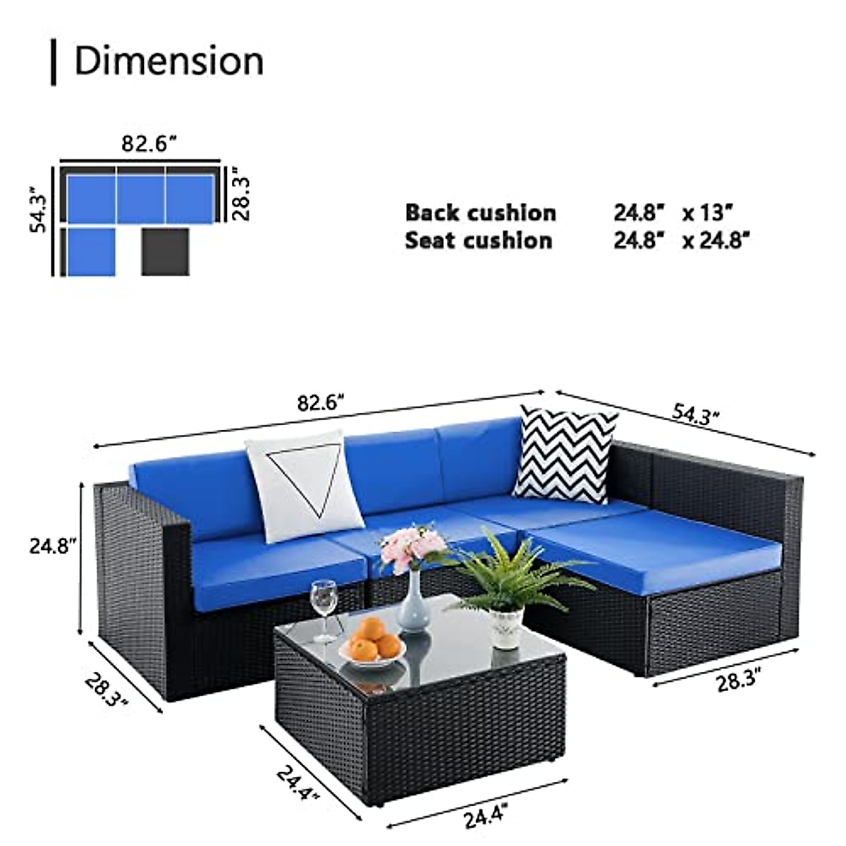 Waleaf 5 Pieces Outdoor Furniture Rattan Sectional Patio Sofa, Outdoor Indoor Backyard Porch Garden Poolside Balcony Wicker Conversation Set with Table (Dark Blue)