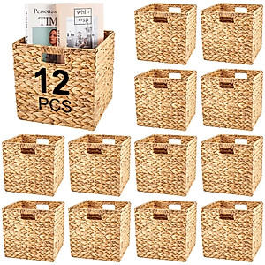 Jinei 12 Pcs Wicker Storage Basket Bulk Handwoven Water Hyacinth Storage Baskets Cube Storage Bin with Handles Woven Baskets Laundry Bins for Organizer Shelves(Wood Color, 10 x 10 x 10 Inch)