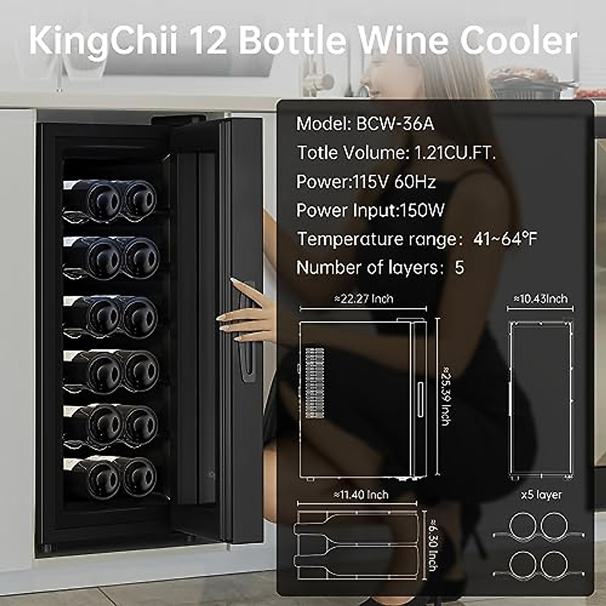 KingChii 12 Bottle Thermoelectric Wine Cooler Refrigerator Advanced Cooling Technology, Stainless Steel & Tempered Glass For Red Wine, Champagne for Home, Kitchen