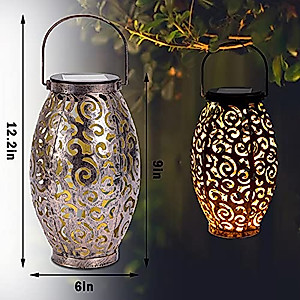 2Pcs Solar Lanterns Outdoor Waterproof Hanging Solar Garden Hollow Lanterns LED Lanterns with Handle Decorative Projector Night Light for Courtyard Porch Pathway Walkway Tree Fence Christmas
