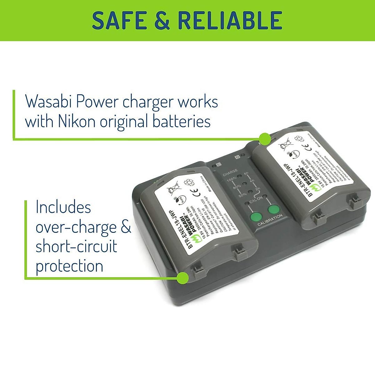 Wasabi Power Battery (2-Pack) and Dual Charger for Nikon EN-EL18, EN-EL18a, EN-EL18b, EN-EL18c and Nikon D4, D4S, D5, D6, D850 (with adapters/Grips)