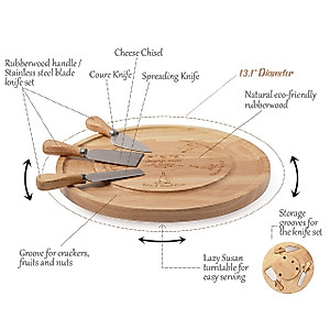 Permaggio Cheese Board and Knife Set, Wine and Cheese Serving Set, Lazy Susan Tray Charcuterie Platter 13.1", Natural Rubber Wood, Perfect Hostess Gift, Swivel Server Cheeseboard Gift Set