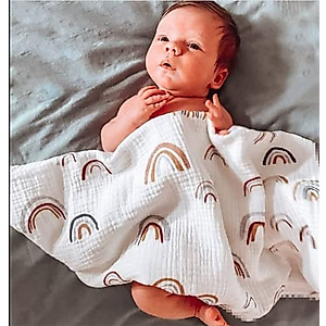 CHUNGEL Cotton Baby Muslin Tassles 40"x 47", Baby Receiving Blanket with Fringe, Boho Muslin Swaddle Blanket with Fringe - Rainbow