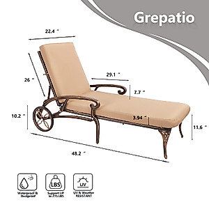 Grepatio Lounge Chairs for Outdoor, Patio Lounge Chaise Cast Aluminum Chairs with Cushion, Chaise Lounge Chair with Adjustable Backrest and Moveable Wheels for Pool Beach (Bronze Khaki Cushion*2)