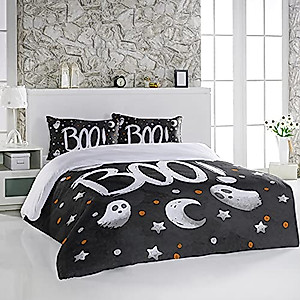 Halloween Twin Duvet Covers Ghost Boo Texts with Stars Moon Wave Point 3-Piece Bedding Sets Luxury Soft Microfiber Bed Comforter Protector with Pillow Cases for Women Men Girl Boy Black