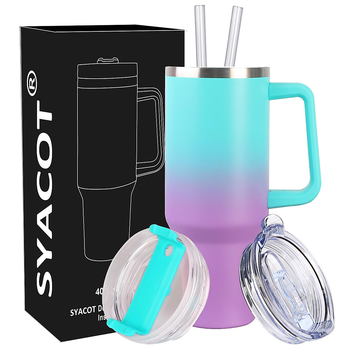 SYACOT 40 oz Tumbler with Handle and Straw Stainless Steel Insulated Tumbler Leak Proof Lid and Straw Lid Reusable Travel Mug Coffee Mug Cup Dishwasher Safe Keep Drinks Cold and Hot (Green Purple)