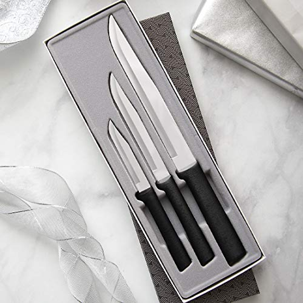 RADA Housewarming Knife Gift Set – 3 Piece Black Handle Stainless Steel Knives With Knife Sharpener