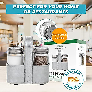 Farmhouse Salt and Pepper Shakers Set With Metal Caddy by Saratoga Home - Vintage Salt and Pepper Shaker Dispensers With Padded Feet, Easy to Clean & Refill, Each Glass Shaker Holds ½ Cup, Silver