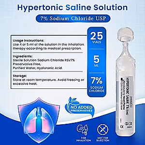 RSV Hypertonic Saline Solution 7% - Nebulizer diluent for inhalators and nasal hygiene devices Helps Clear Congestion from Airways and Lungs – Reduce Mucus (25 Sterile Saline Bullets of 5ml)