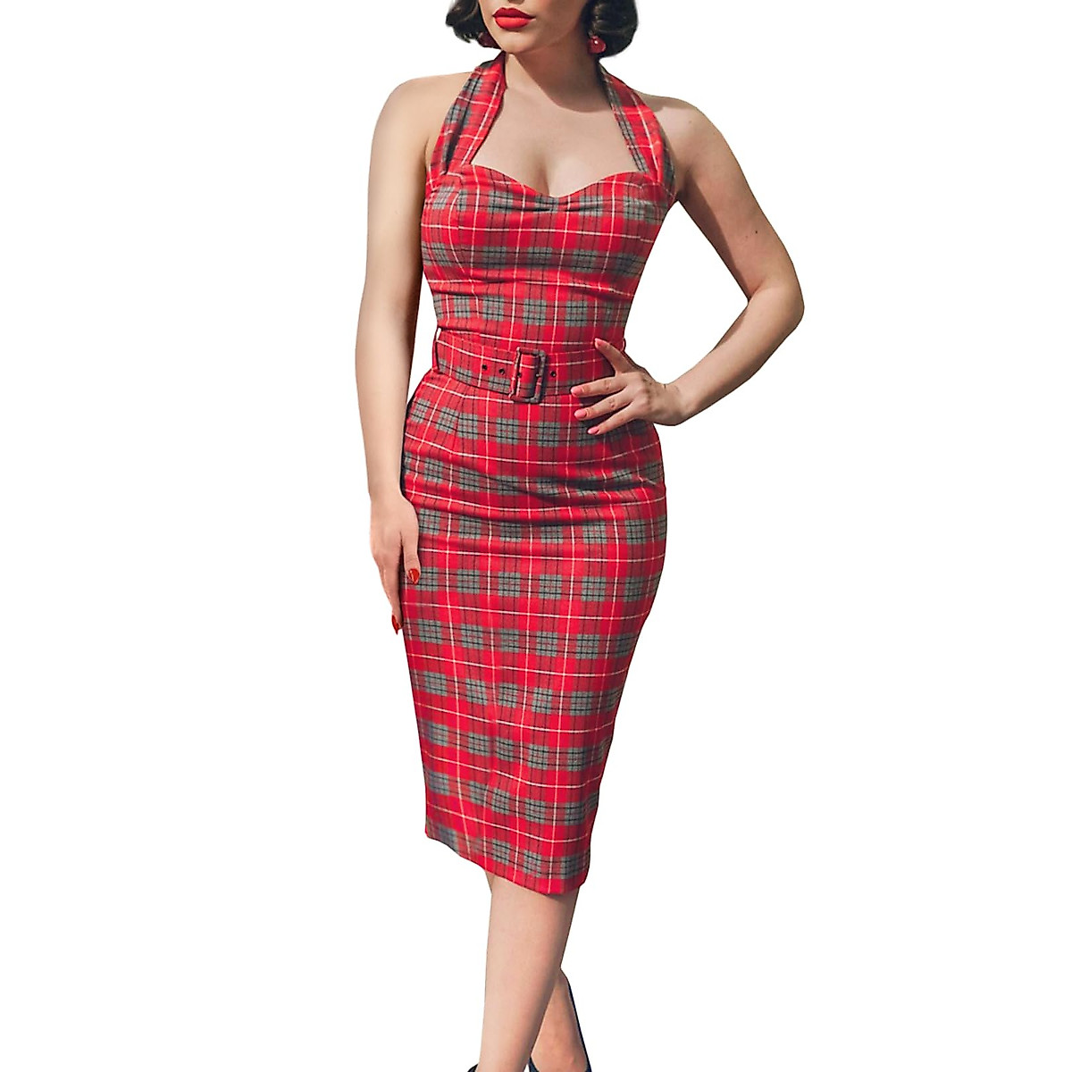 Wenrine Womens Plaid Dress Christmas Xmas Backless Halter Dresses Bodycon Belt Tie Cocktail Party Midi Dress Red