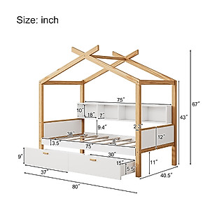 Merax Kids House Beds with Drawers & Shelves,Full Wood Storage Low Bed Frames for Boys,Girls, No Box Spring Need/Easy Assemble(Full,White)
