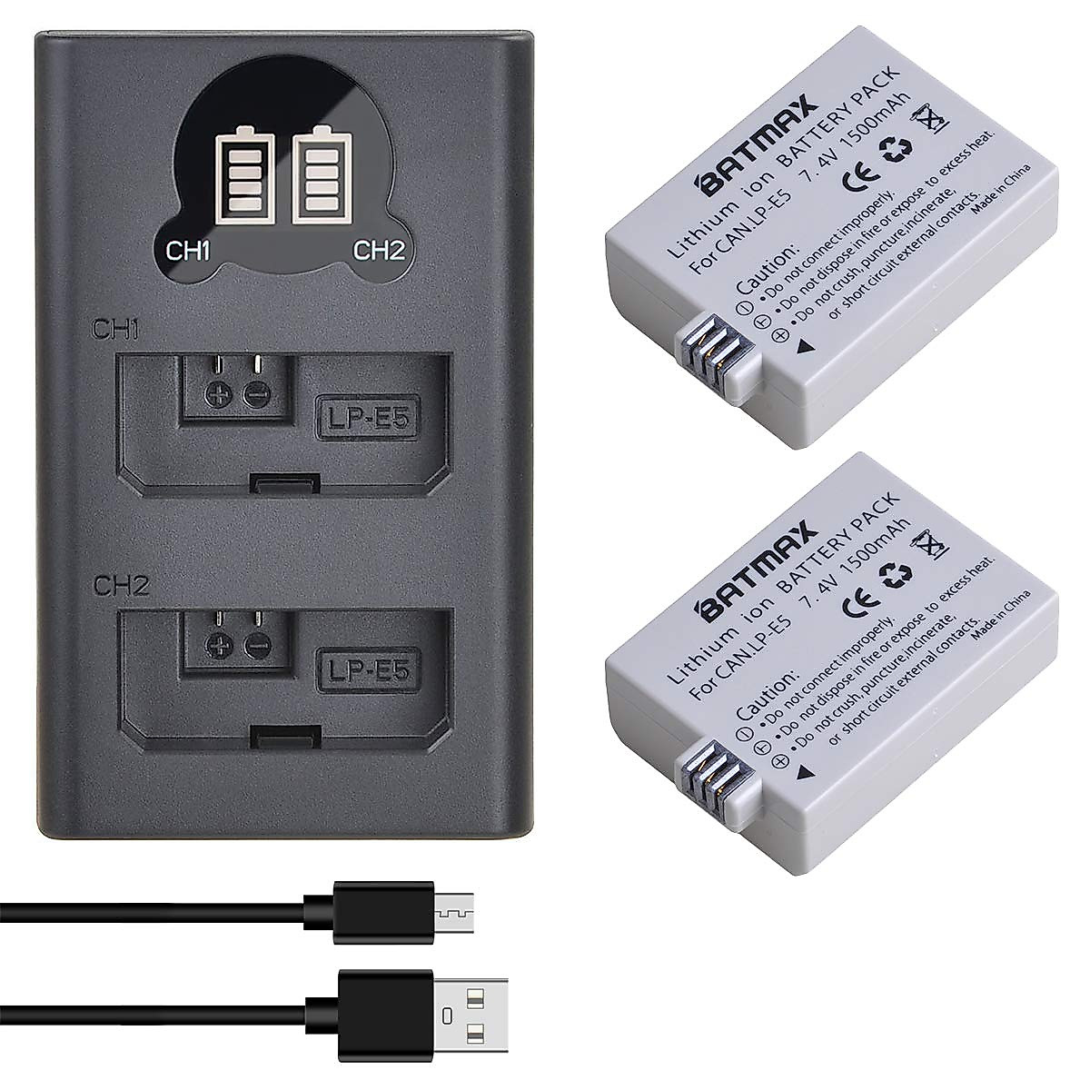 Batmax 2Packs LP-E5 Battery + LCD Dual USB Charger with Type C Port for Canon EOS Rebel XS, Rebel Xsi, Rebel T1i, 1000D, 500D, 450D, Kiss F, Kiss X2, Kiss X3