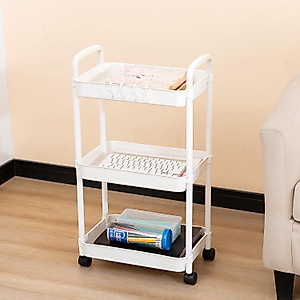Gagee 3 Tier Rolling Cart with Wheels and Handle,Rolling Storage Cart for Office, Living Room, Laundry Room,Kitchen,Bathroom,White