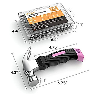 INCLY 620 PCS Small Nails for Hanging Pictures Assortment Kit with 8oz Pink Small Hammer, Mini Hammer Set with Hardware Nails Assorted Set 310 Wall Nails & 310 Finish Nails for Installing with Case