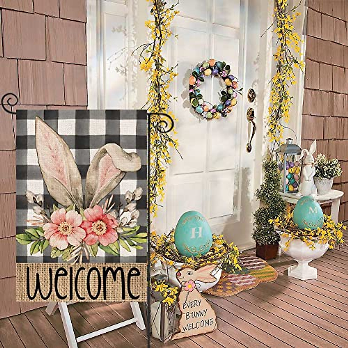 Welcome Easter Garden Flag for Outdoor 12x18 Double Sided,Buffalo Plaid Bunny Ears with Flowers Small Yard Flag,Seasonal Decors for Spring Outside Farmhouse Holiday