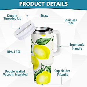 RPLIFE Juicy Lemons Butterfly White Stainless Steel Cup, Insulated Cup with Straw, Coffee Tumbler for Women