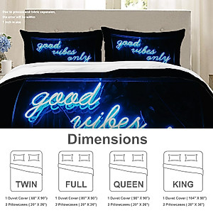 BaoNews Blue Neon Signage Duvet Cover Set Full Size,3 Pieces Good Vibes Only Words Blue Neon Bedding Set Hotel Quality 100% Cotton Comforter Cover Set with 2 Pillowcases(No Filler)