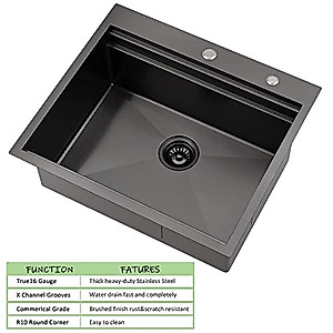 25 Black Drop In Kitchen Sink Workstation-Wesliv 25x22x10 Topmount Drop In Kitchen Sink Black Stainless Steel Sink Double Ledges Workstation Sink 16 Gauge Single Basin Kitchen Sink with Accessories