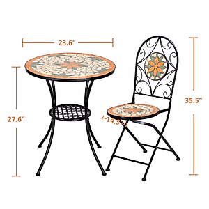 VINGLI 3 Pieces Garden Patio Mosaic Table, Outdoor Bistro Set with Folding Chairs,Black Iron Frame