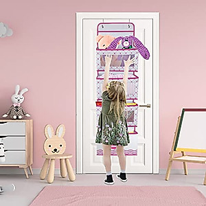 Boczif Over Door Hanging Organizer, Wall Mount Storage with 4 Large Pocket and Mesh Clear Window, Closet Door Organizer for Children's Rooms,Nursery, Bedroom, Kids Toys, Shoes, Diapers(1-Pink)