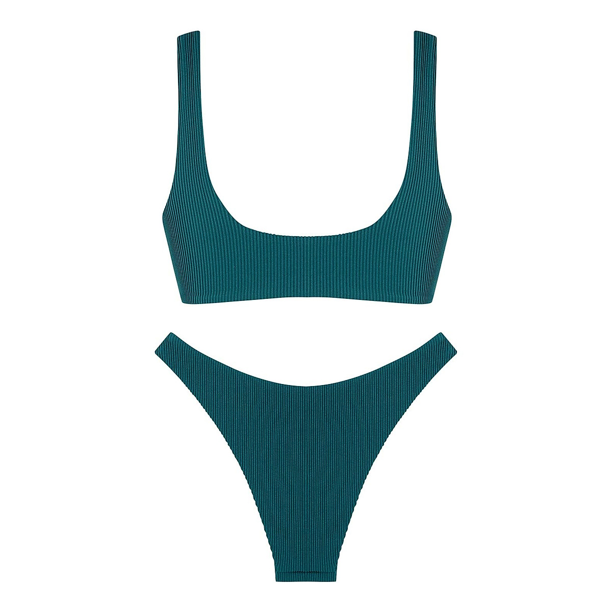 ZAFUL Ribbed Twisted Front Bikini Set for Women Cute Scoop Neck Textured Two Piece Swimsuits Sport Tank Bathing Suit(Deep Green,M)