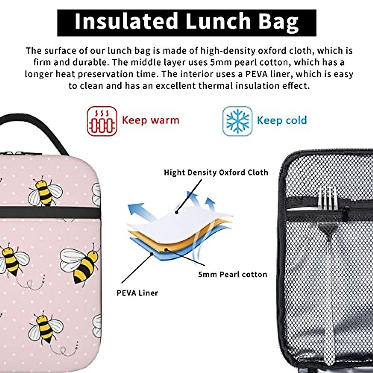 BQIUULO Cute Bees on Pink Lunch Bag for Men Women Tote Insulated Cooler Bags Reusable Lunch Box for College Work Office Picnic