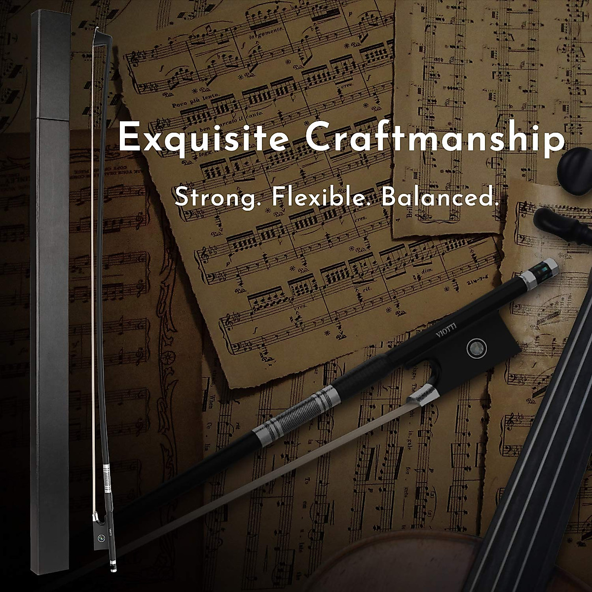 Viotti Carbon Fiber Violin Bow, Hand Crafted by Professional Violin & Bow Makers, Strong, Stiff & Well Balanced, Made with Mongolian Horse Hair, For Violinists & Fiddlers of All Skill Levels