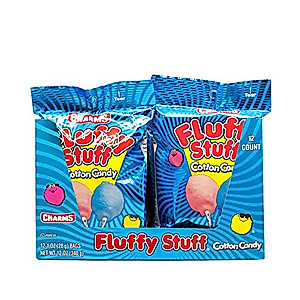 Fluffy Stuff Cotton Candy – Pink and Blue Fresh Spun Floss Sugar Retro Candy – Carnival Cotton Candy in Stay Fresh Packs for Gifts, Party Favors – Pack of 12 - 1 oz Bags