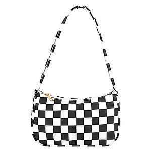 ZEHO Checkerboard Nylon Shoulder Bag Stylish Underarm Handbag Cute Retro Mini Shoulder Bag Trendy Clutch Purse 90s Y2k Bags, Black and White Checkerboard