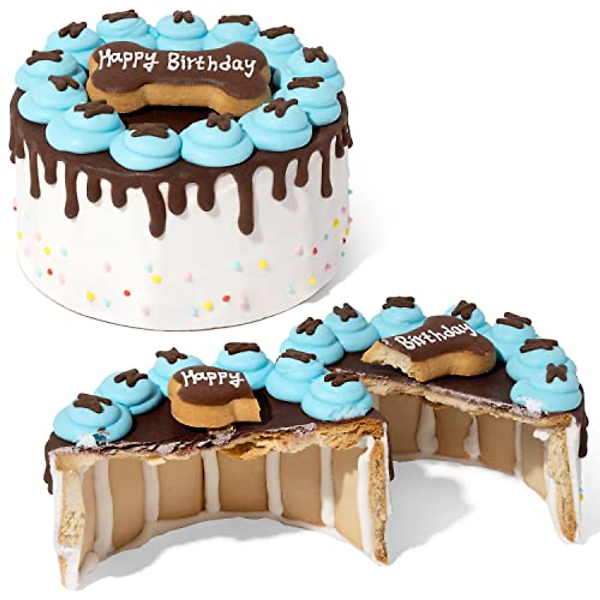 Thoughtfully Pets, Boy Dog Birthday Cookie Cake, Ginger Flavored, Blue 6 Inch Round Solid Biscuit Decorated as a Dog Birthday Cake with Frosting and Sprinkles