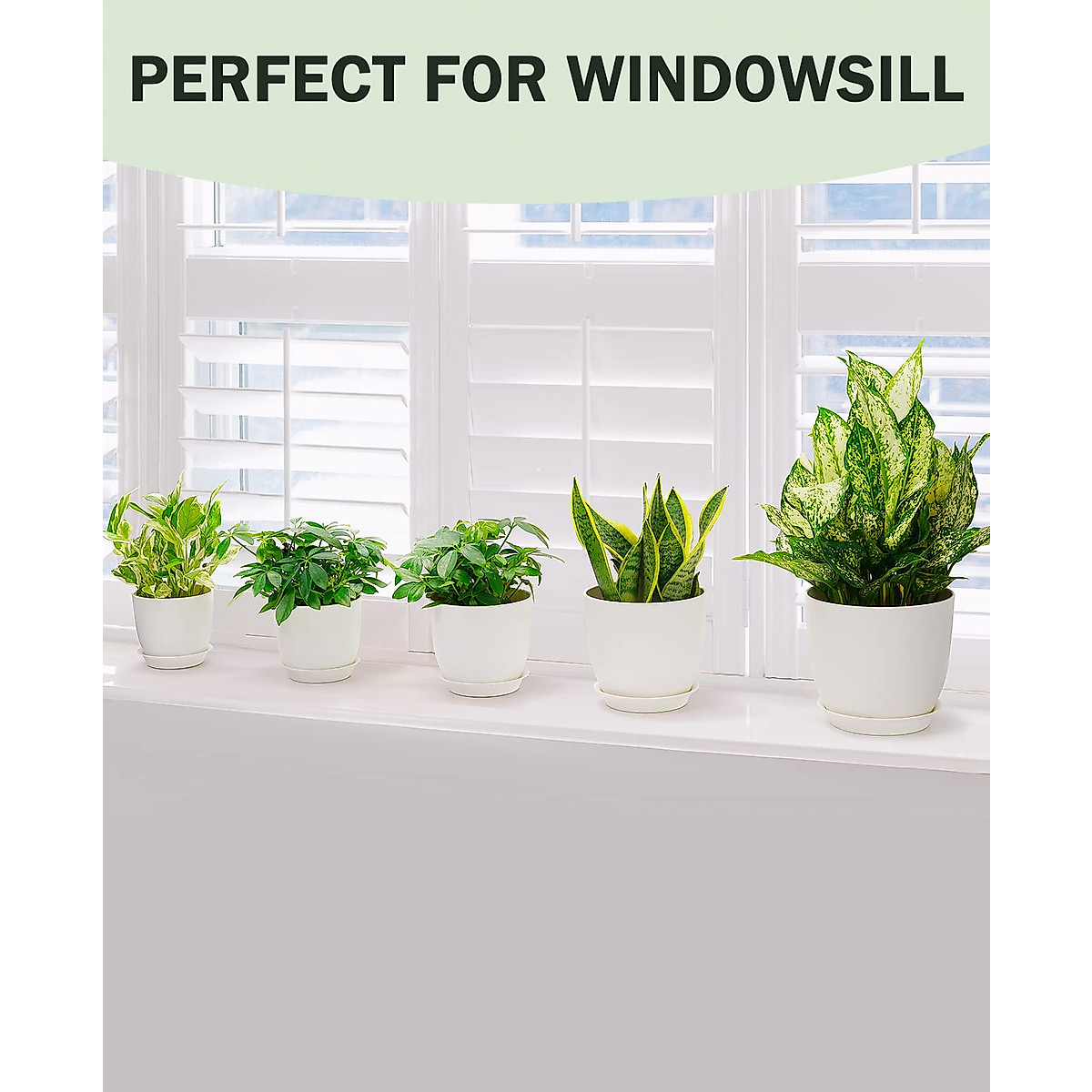 HOMENOTE Plastic Planter, 7/6/5.5/4.8/4.5 Inch Flower Pot Indoor Modern Decorative Pots for Plants with Drainage Hole and Tray for All House Plants, Succulents, Flowers, Cactus, White