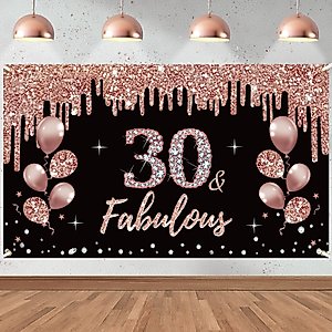30th Birthday Decorations 30 & Fabulous Birthday Banner for Women, Rose Gold 30 Birthday Theme Sign Party Supplies, Thirty Year Old Bday Background Photo Booth for Indoor Outdoor