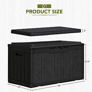 GUNJI 100 Gallon Resin Deck Box with Cushion,Outdoor Weatherproof Large Storage Box,Lockable Storage Container for Patio Furniture,Garden Tools,Pool Supplies (Black)